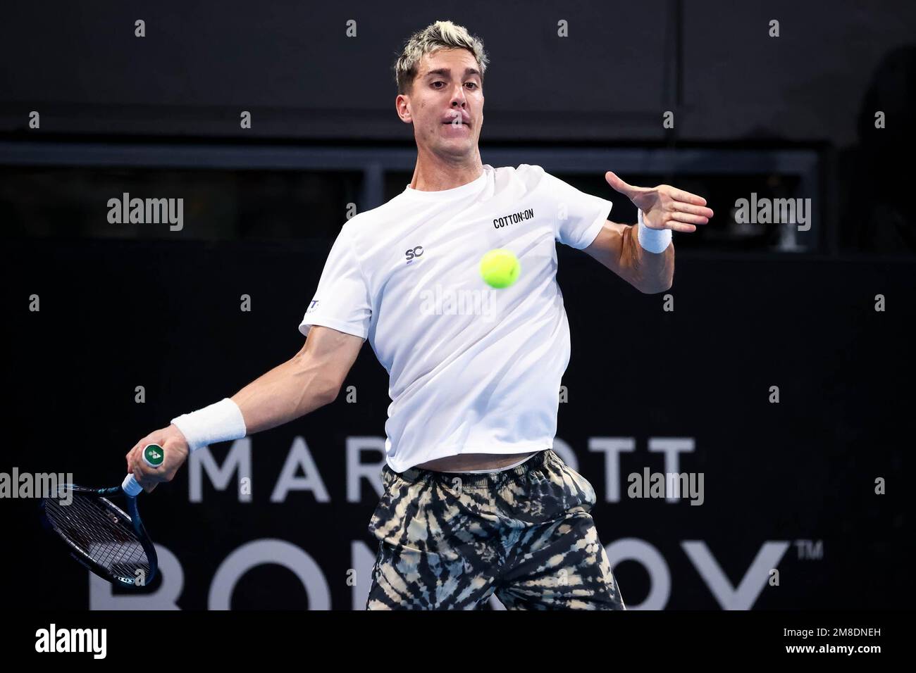 Adelaide, Australia, 13 January, 2023. Thanasi Kokkinakis of Australia plays a forehand during ...