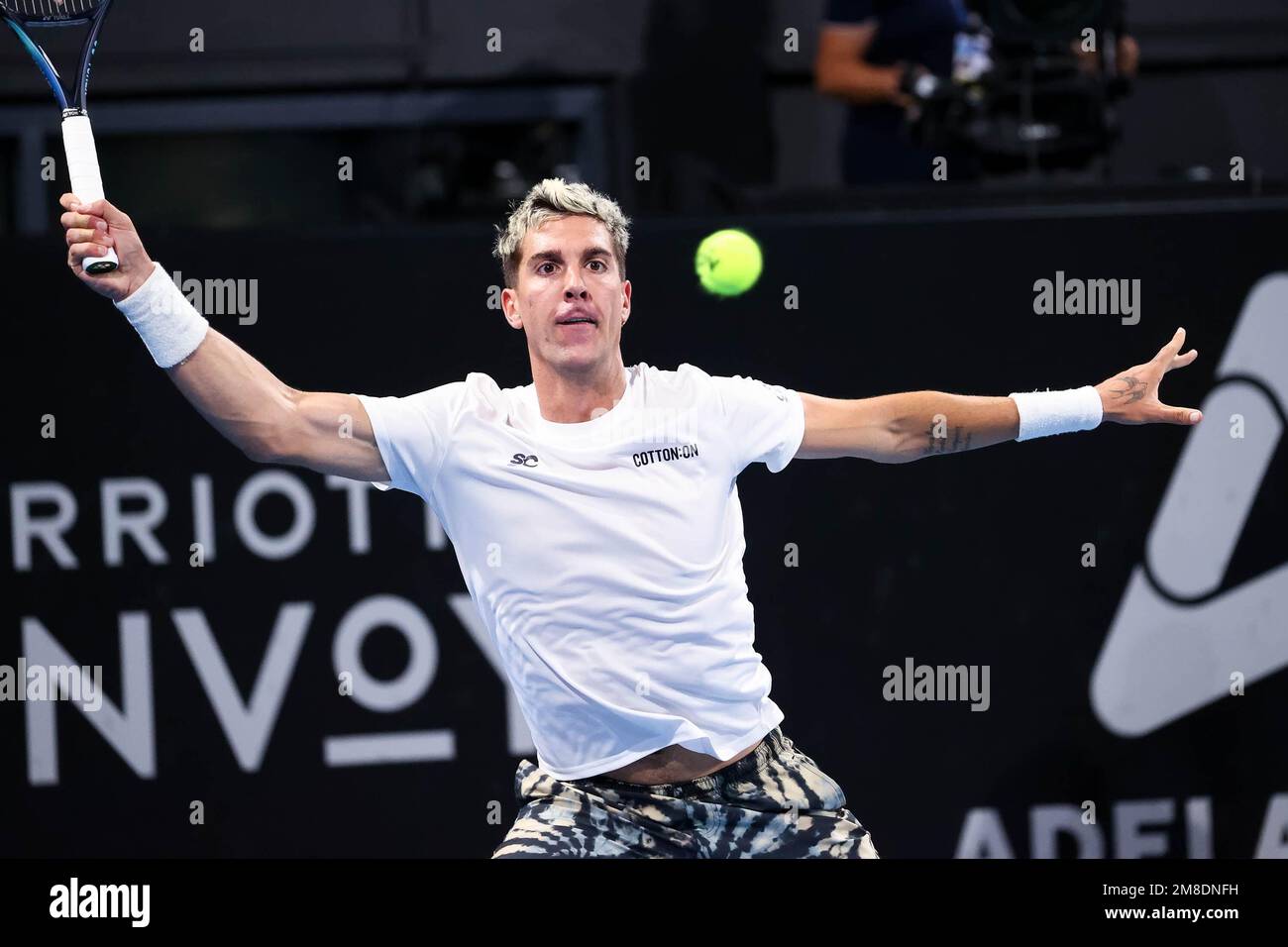 Adelaide, Australia, 13 January, 2023. Thanasi Kokkinakis of Australia plays a forehand during ...