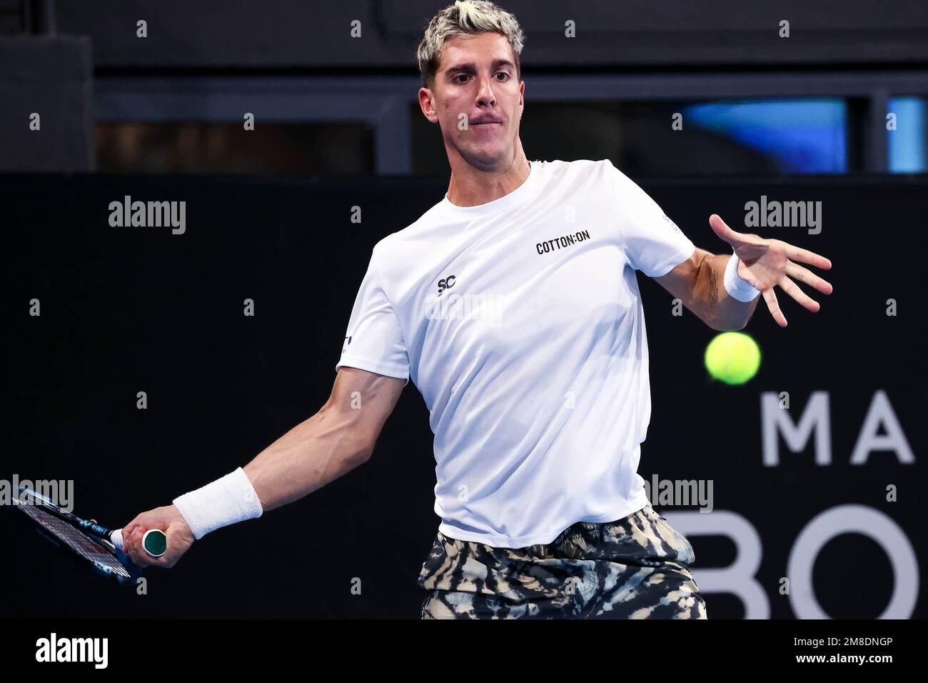 Adelaide, Australia, 13 January, 2023. Thanasi Kokkinakis of Australia plays a forehand during ...