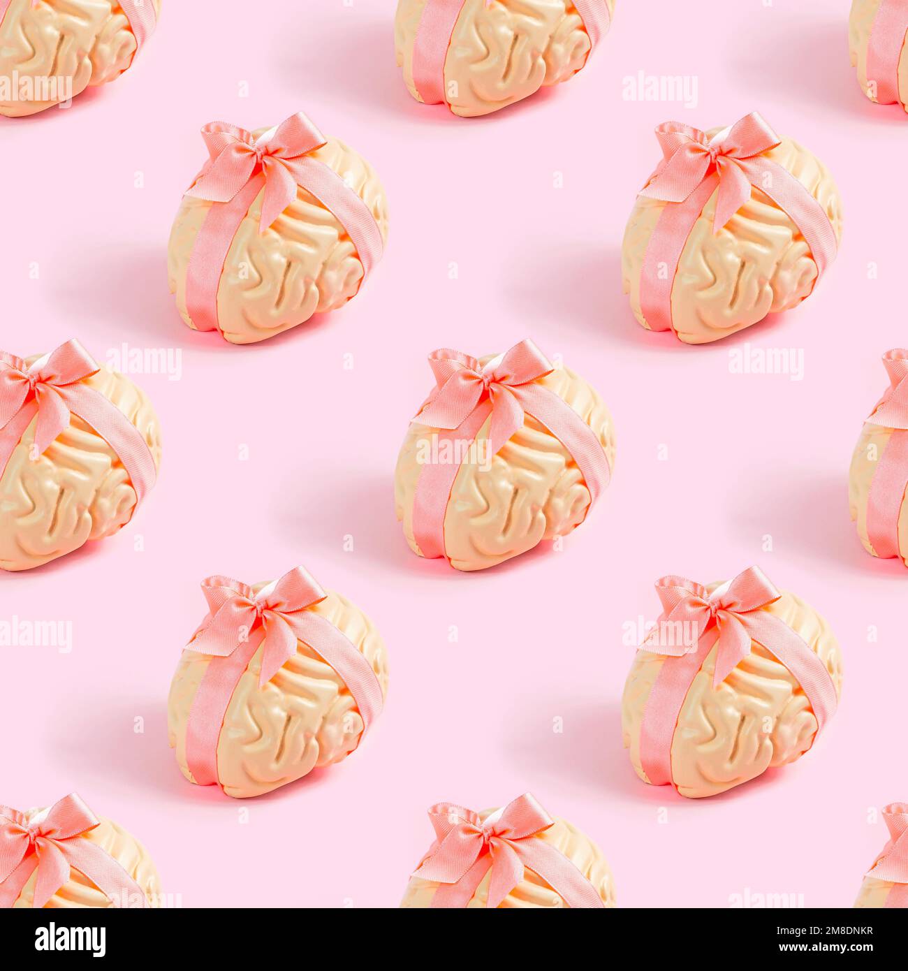 Bright pink human brain with satin bow repeat seamless pattern on ...