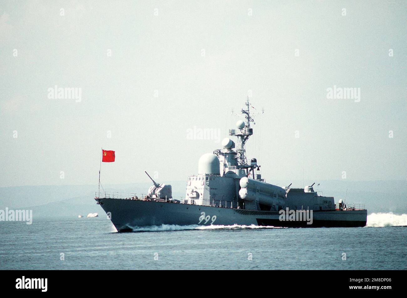 A Soviet Tarantul III-class missile corvette passes in review during a ...