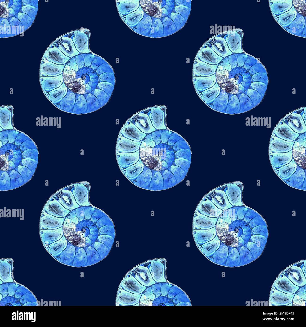 Blue spiral ammonite fossil mollusk repeat seamless pattern on dark ...