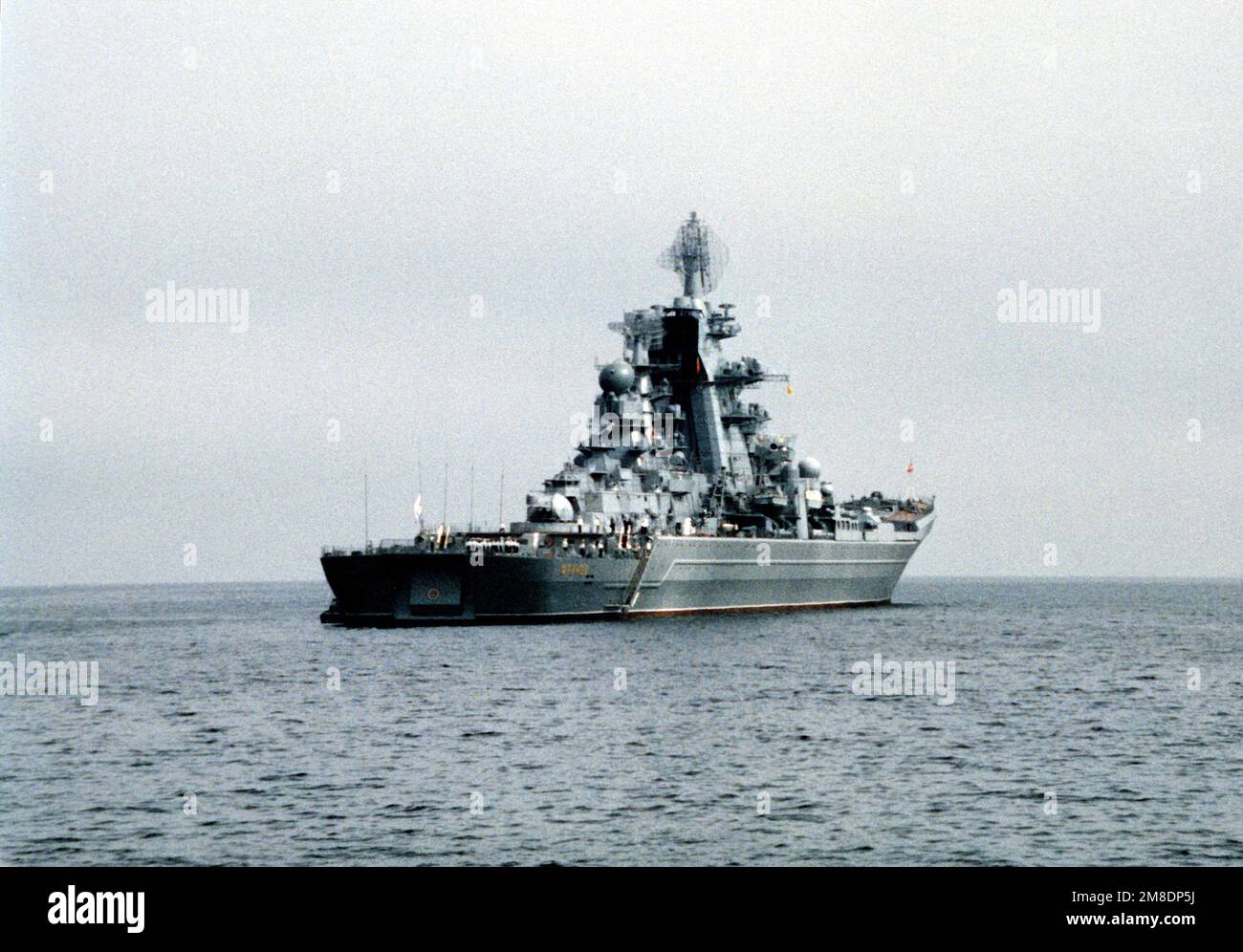 A starboard quarter view of the Soviet Kirov class nuclear-powered ...