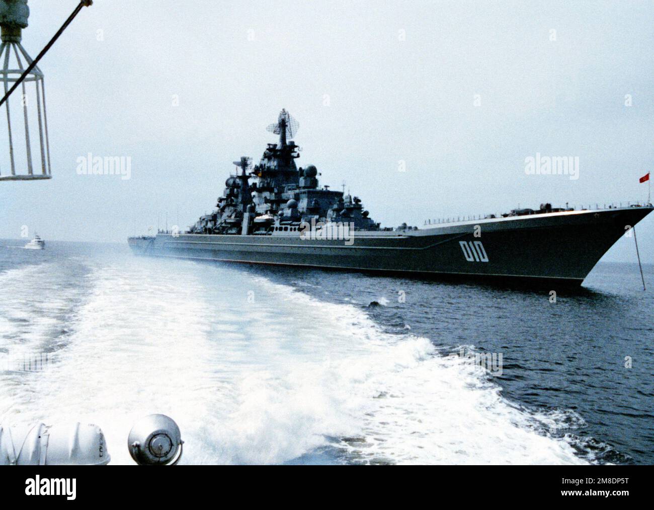 A starboard bow view of the Soviet Kirov class nuclear-powered guided missile cruiser Frunze at ...
