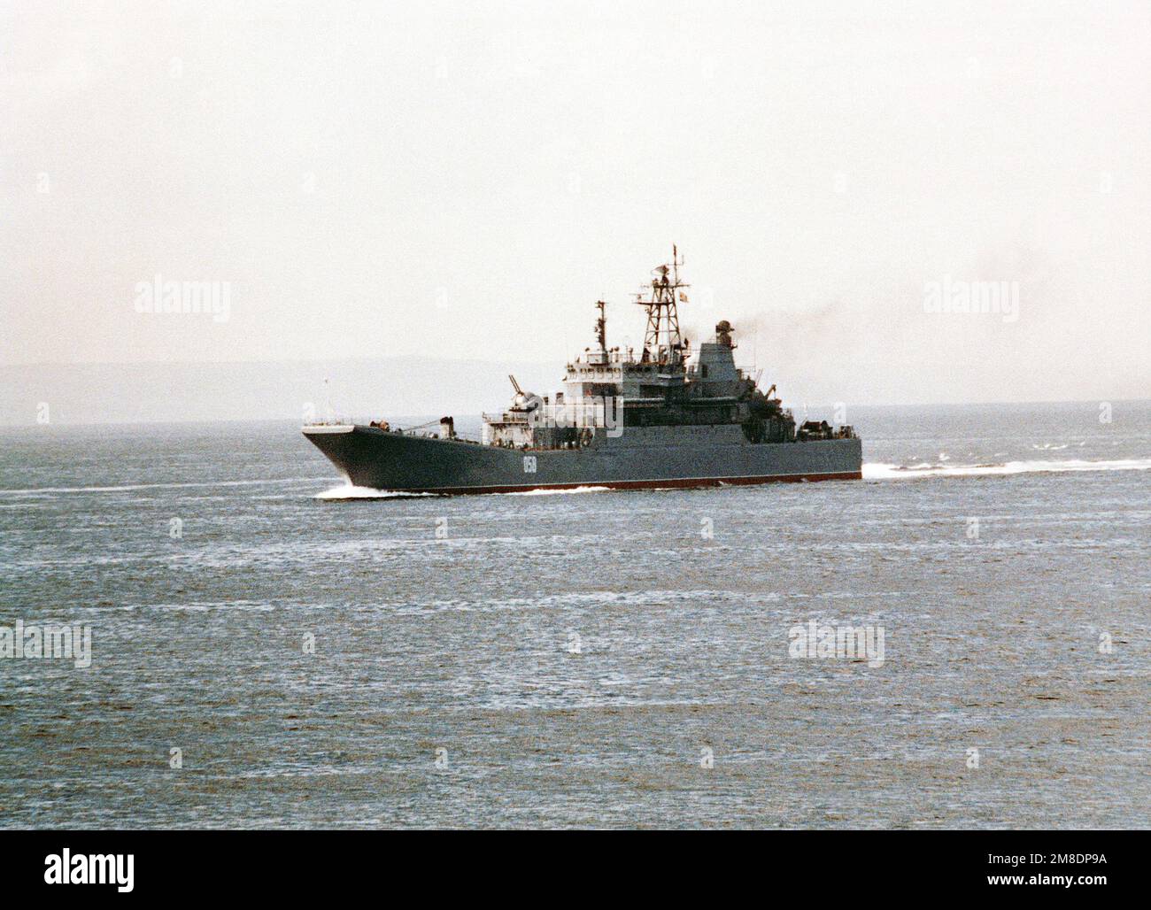 A port bow view of a Soviet Ropucha class tank landing ship underway ...