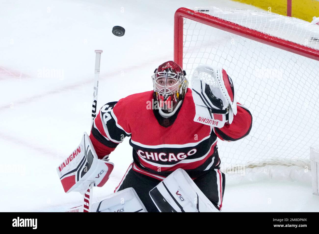 Chicago Blackhawks goaltender Petr Mrazek keeps his eyes on the ...