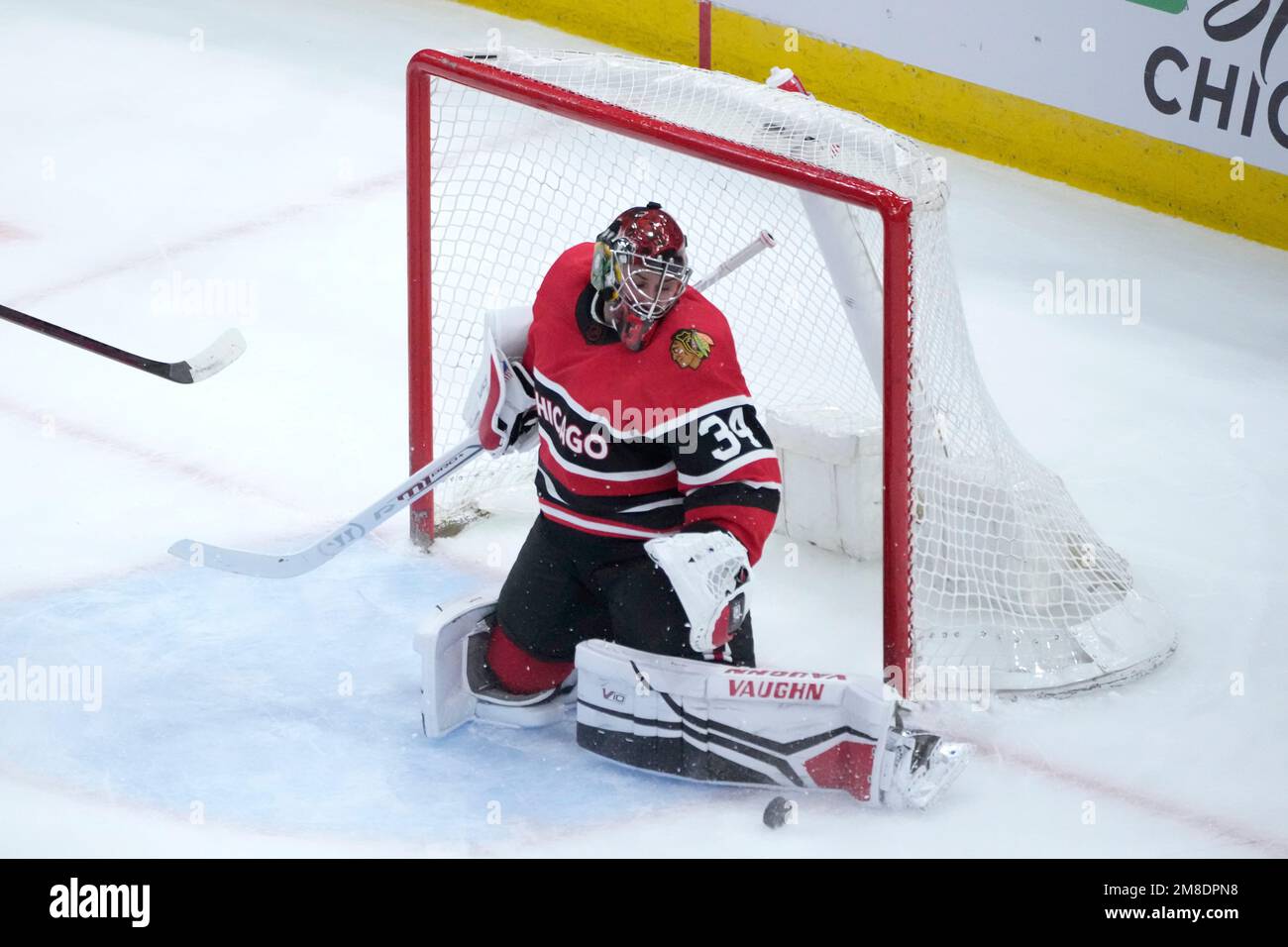 Chicago Blackhawks goaltender Petr Mrazek makes a pad save during an ...