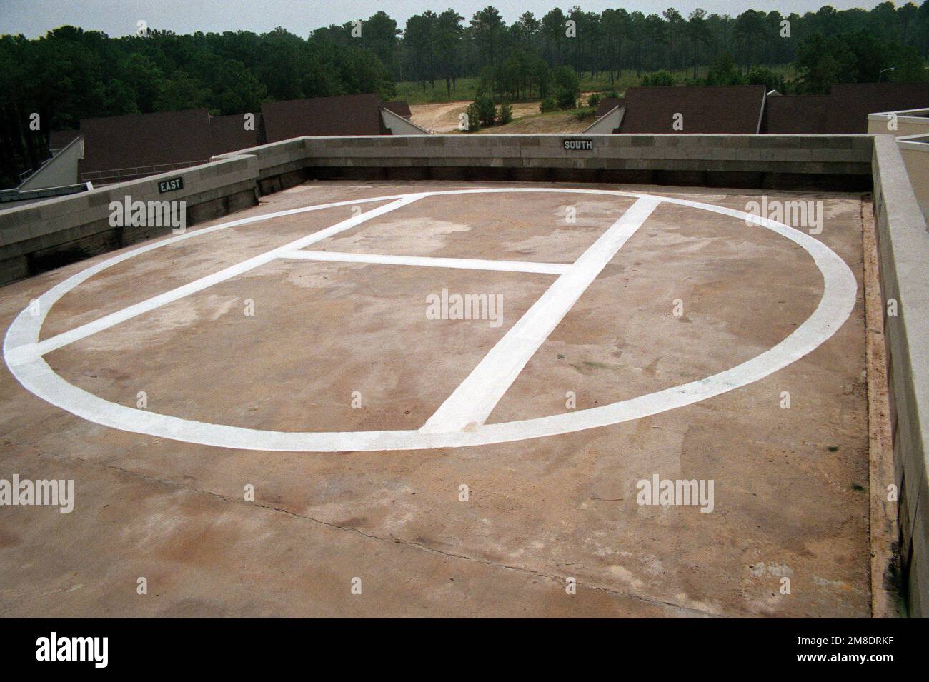 A view of the helipad on the roof of a hotel in the combat village at ...