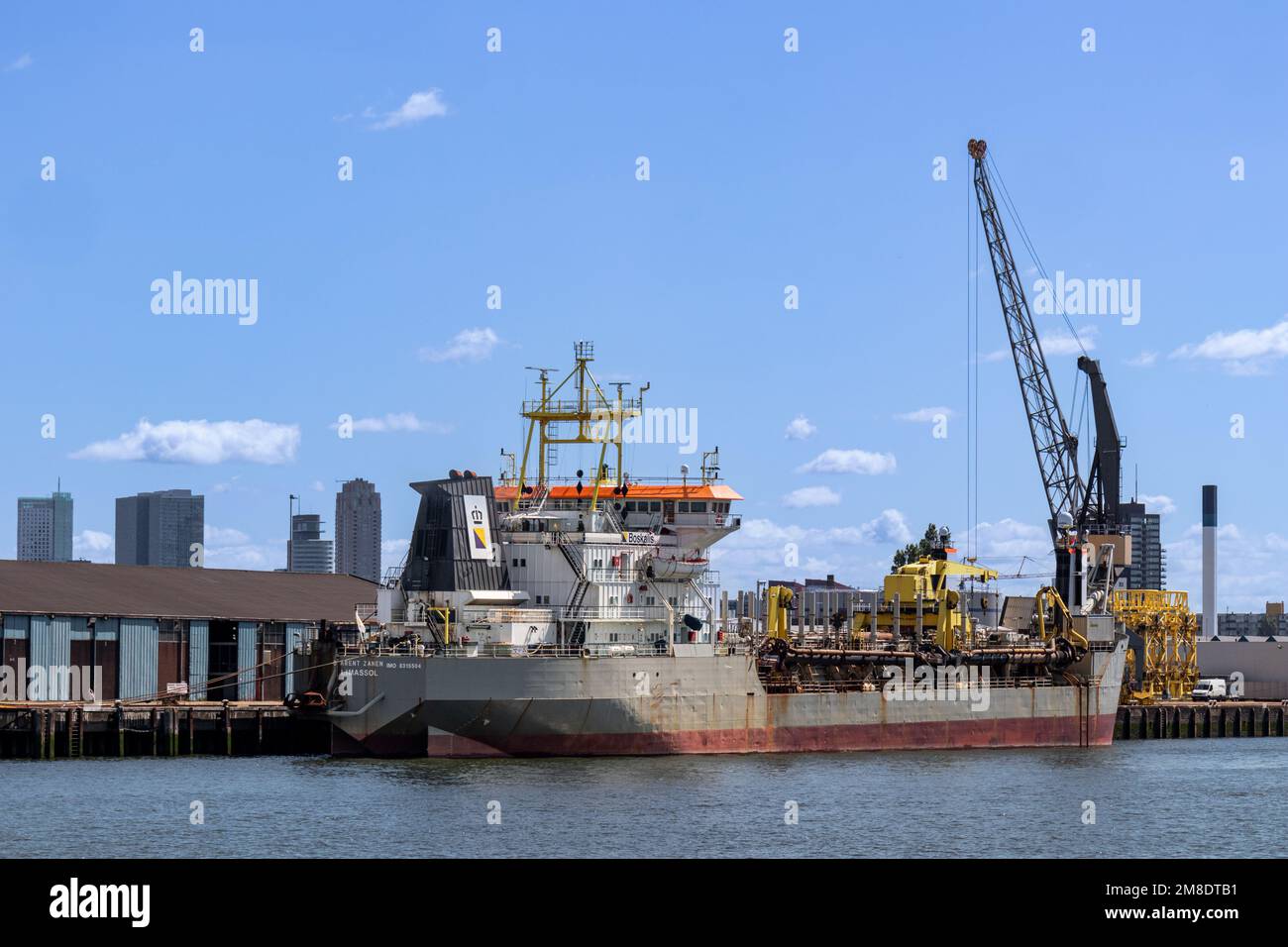 Port of Rotterdam scene with dredging ship Barent Zanen, a trailing ...