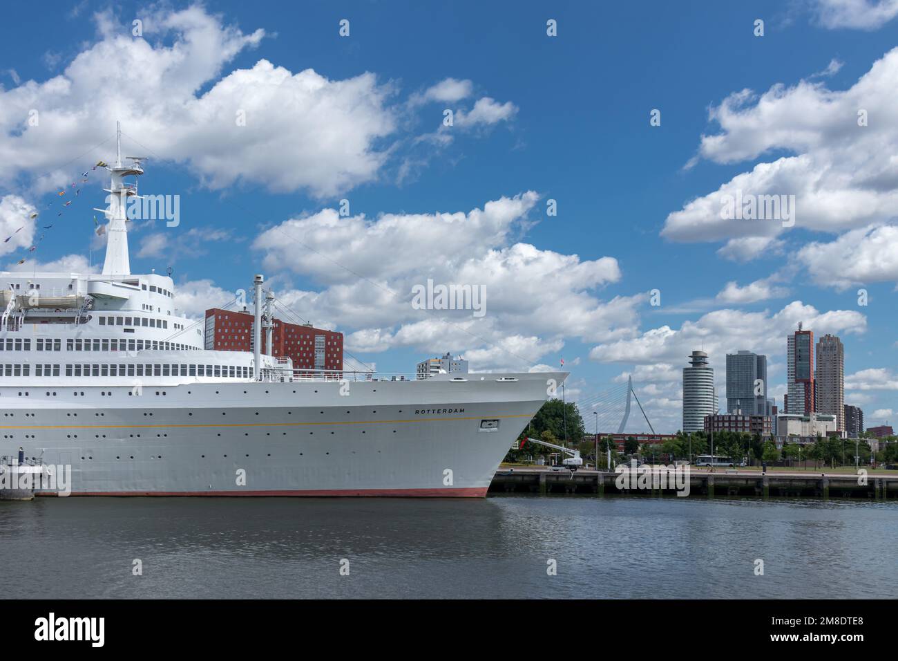 Hotel ship SS Rotterdam, a former ocean liner and cruise ship, in front ...