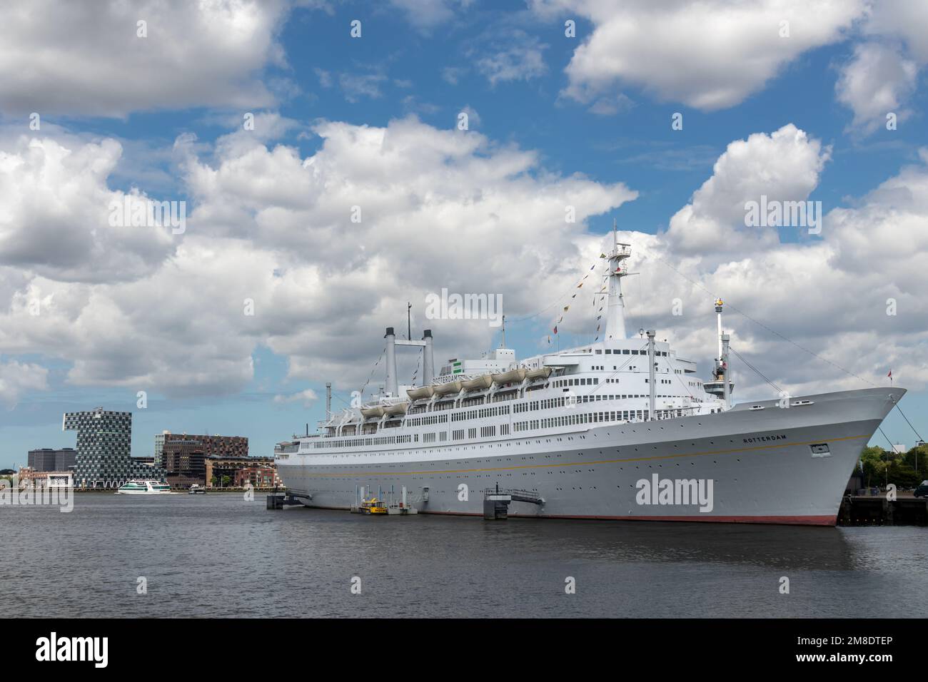 Hotel ship SS Rotterdam, a former ocean liner and cruise ship, in front ...