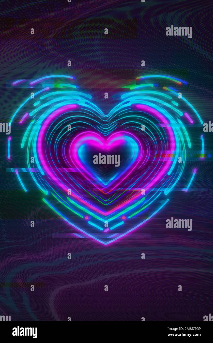 cyberpunk neon glowing 3d heart on glitched halftone background Stock ...