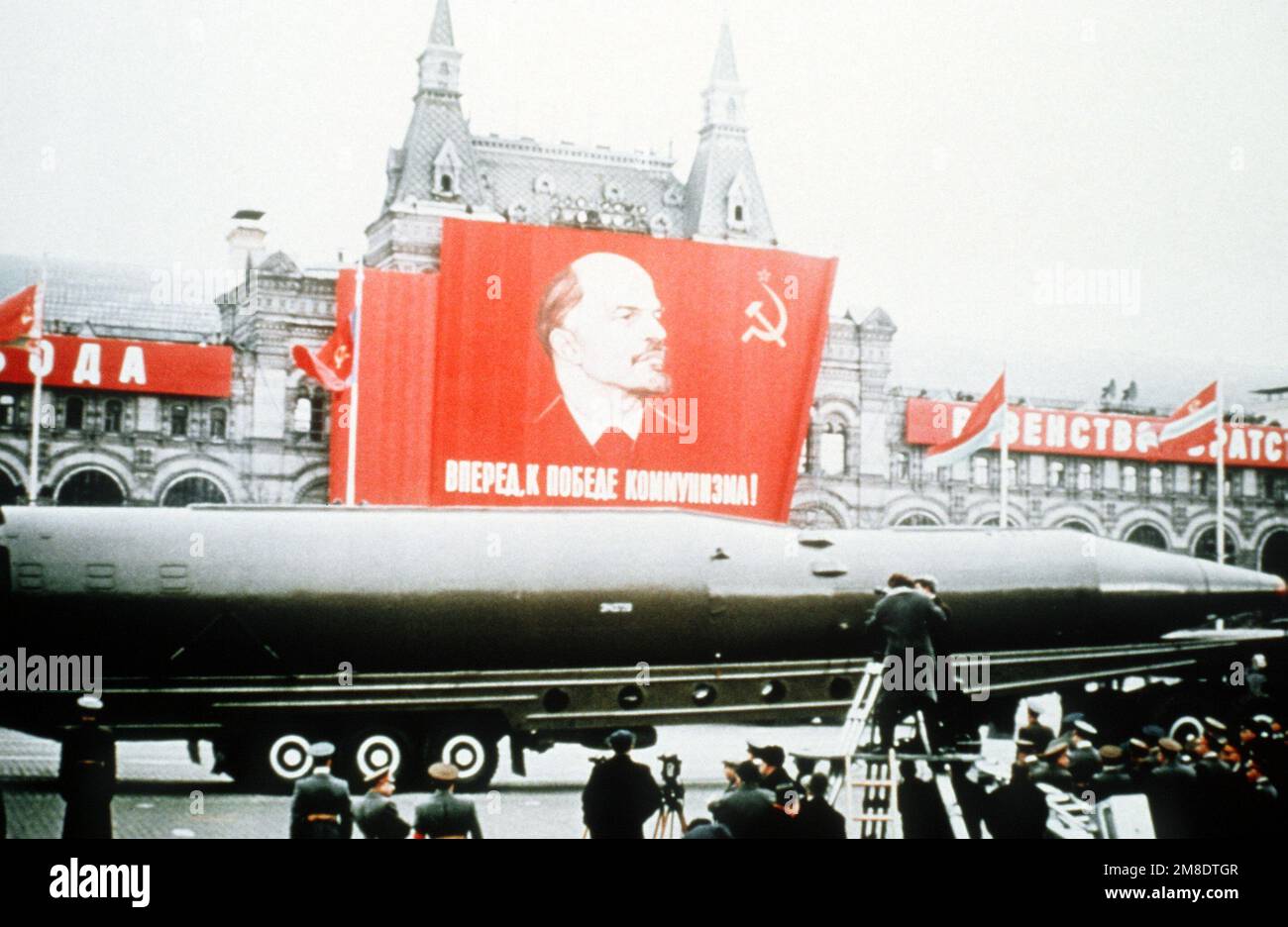 A Soviet SSN-8 intercontinental ballistic missile is displayed beneath ...