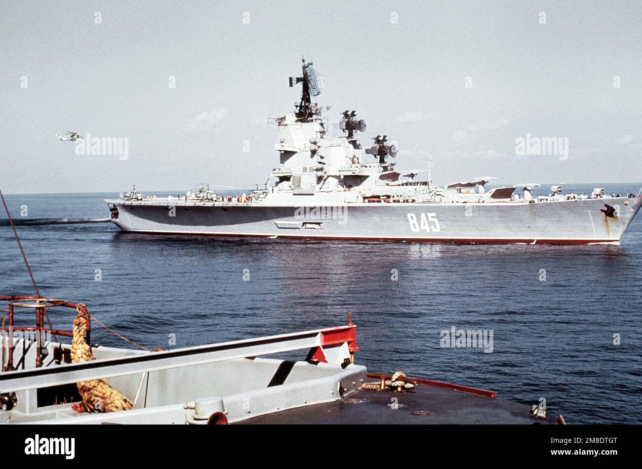 A starboard bow view of the Sovier Moskva class helicopter cruiser ...