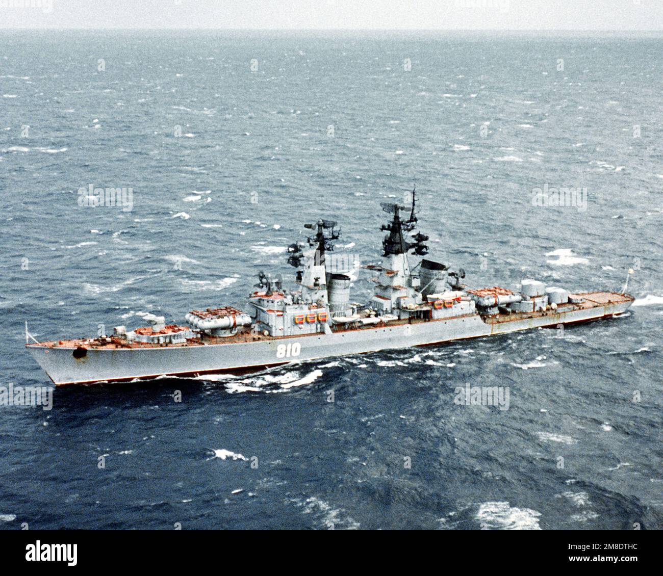 An aerial port bow view of a Soviet Kynda class guided missile cruiser ...