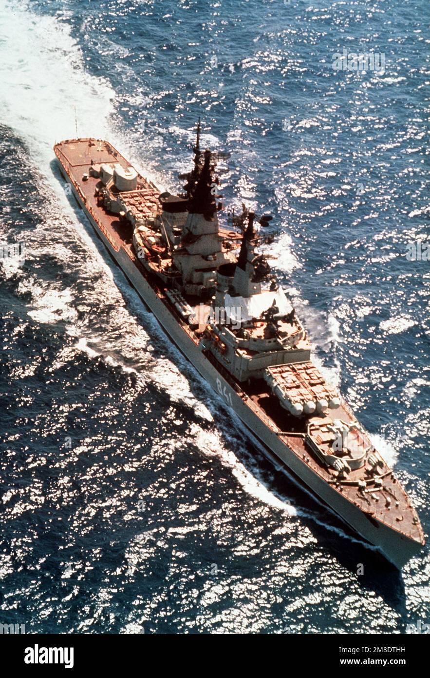 An aerial starboard bow view of a Soviet Kynda class guided missile ...