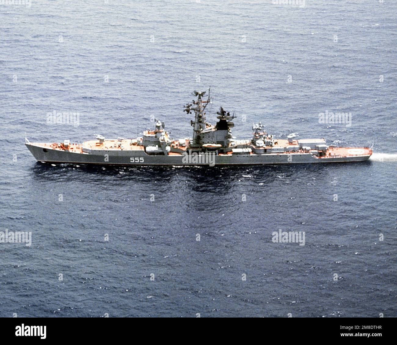 An aerial port beam view of a Soviet Kresta I class guided missile cruiser underway. Country ...