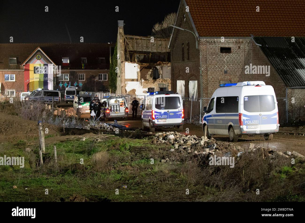 Erkelenz, Germany. 13th Jan, 2023. Police patrol cars secure the area ...