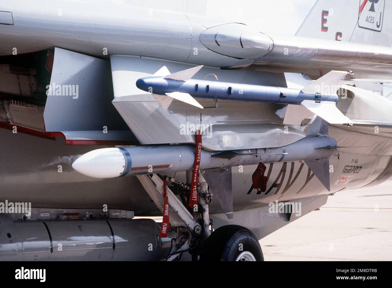 A view of an AIM-9L Sidewinder missile, top, and an AIM-7 Sparrow missile mounted beneath the ...
