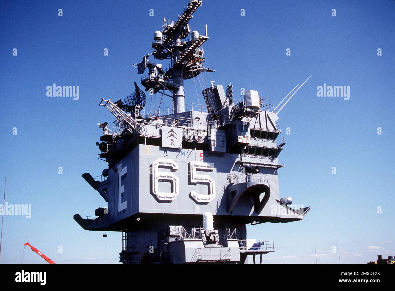 A view of the starboard side of the island structure aboard the nuclear ...