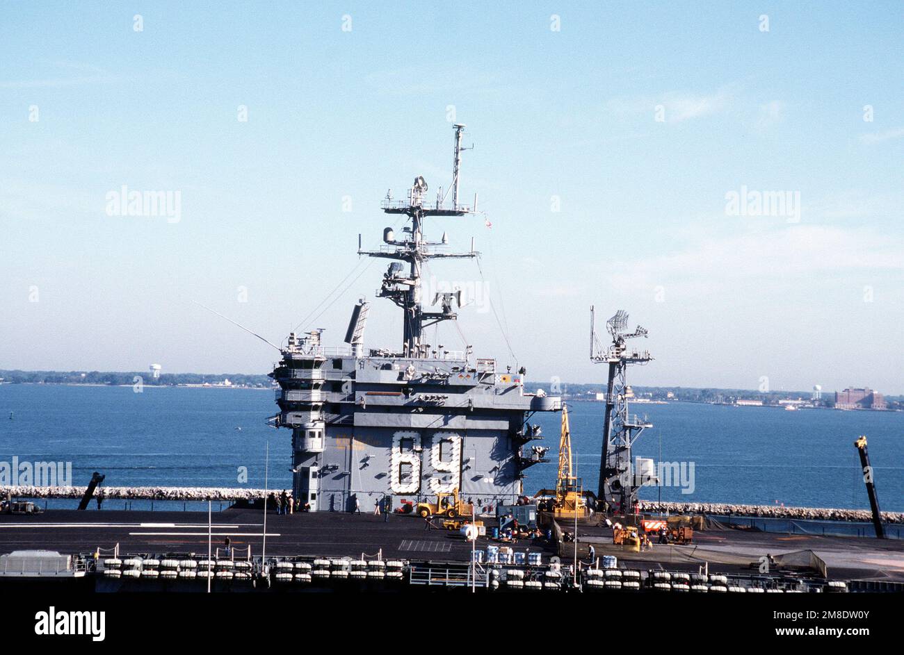 A port side view of the island structure aboard the nuclear-powered ...