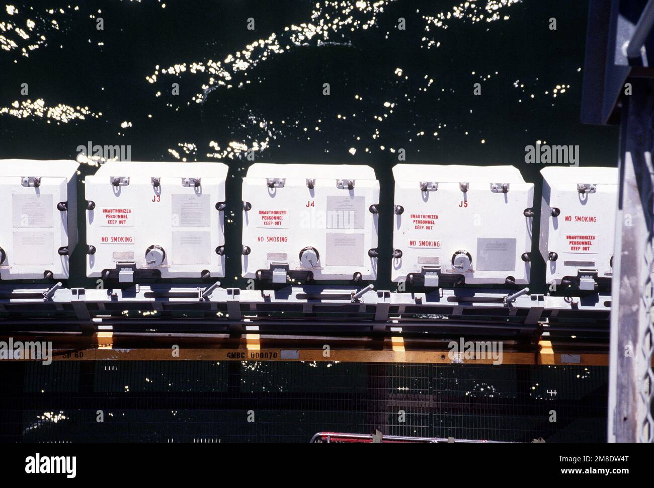 An overhead view of pyrotechnics storage aboard the nuclear-powered ...