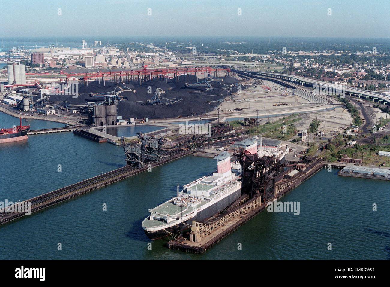 An aerial view of the passenger liner SS United States tied up at a ...