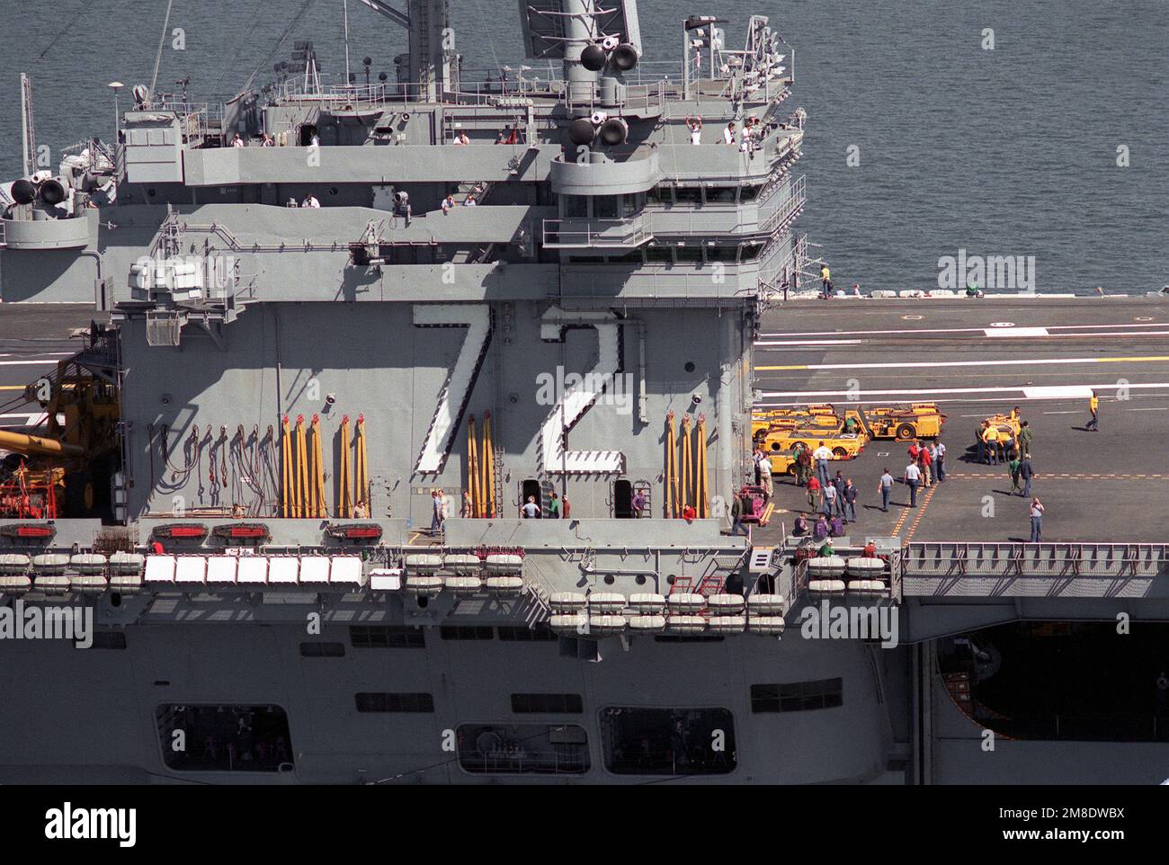A view of the starboard side of the island structure aboard the nuclear ...