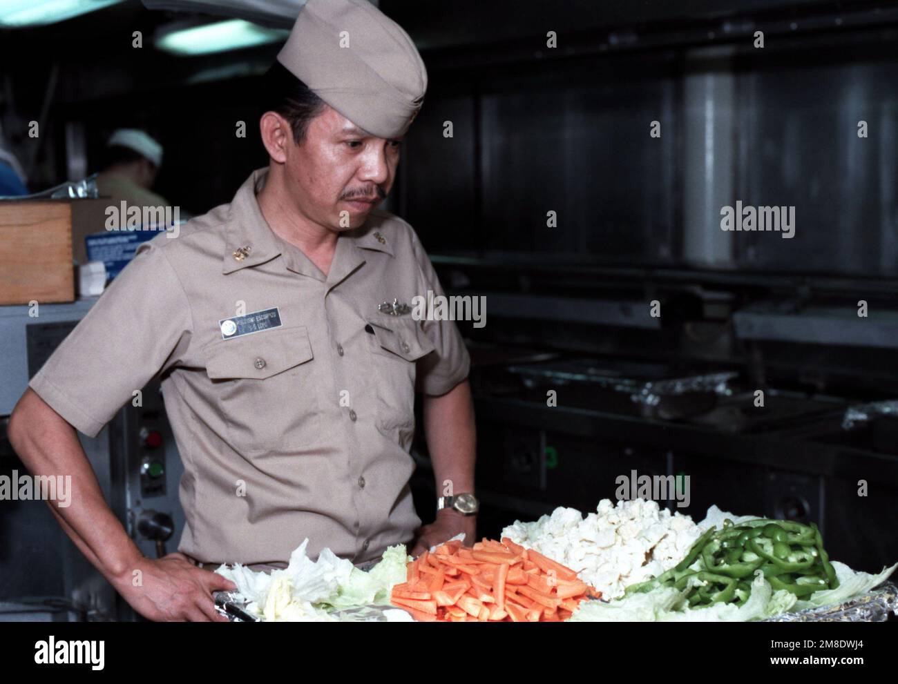 A senior chief petty officer checks over a tray of food in a galley ...