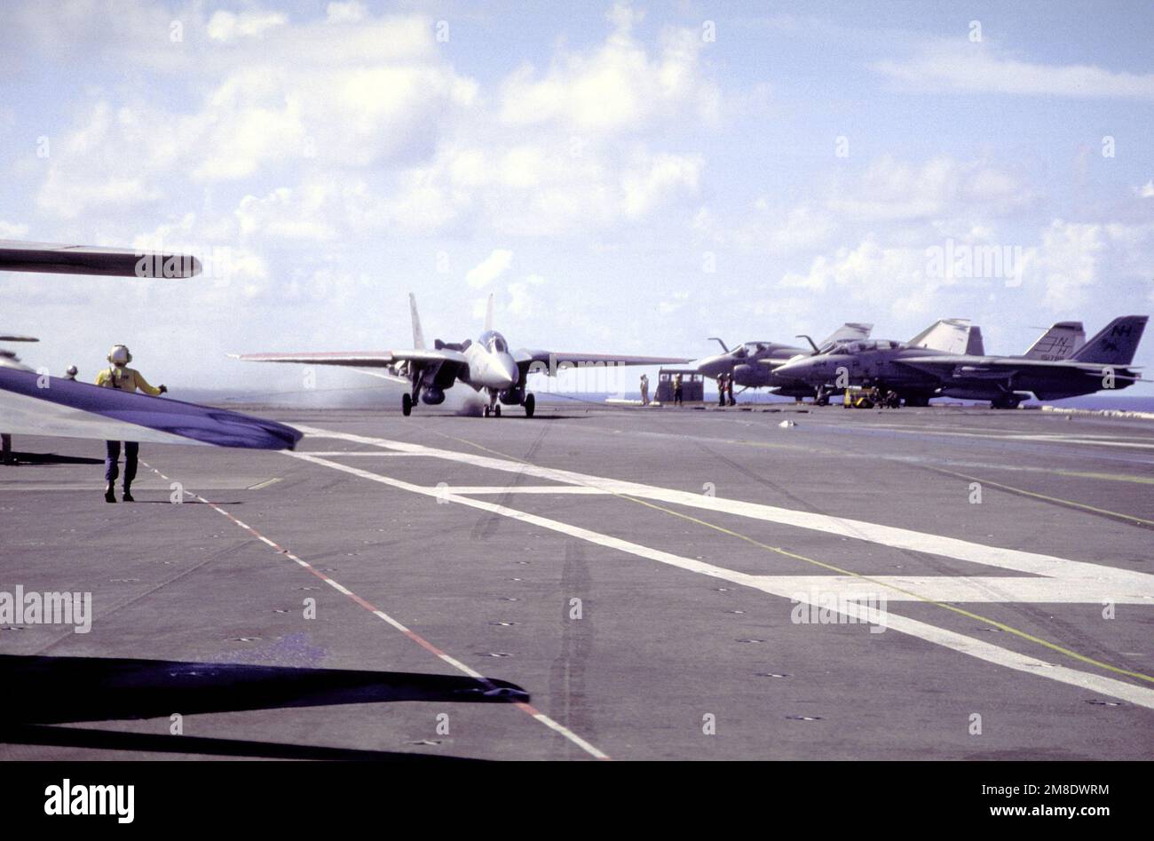 A Fighter Squadron 114 (VF-114) F-14A Tomcat aircraft lands on the ...