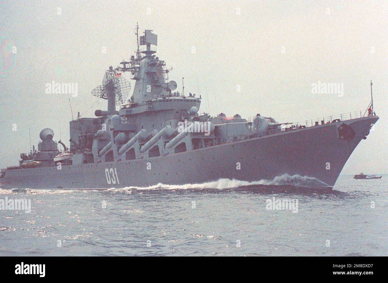 A starboard bow view of the Soviet Slava class guided missile cruiser ...