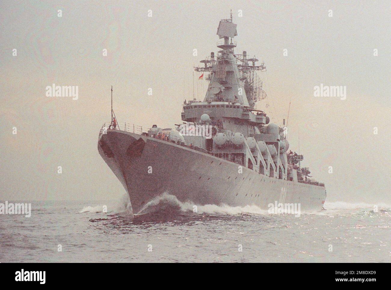 A port bow view of the Soviet Slava class guided missile cruiser ...