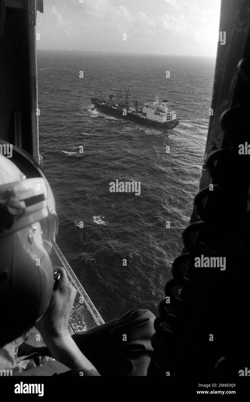 A member of a law enforcement team watches a container ship from the ...