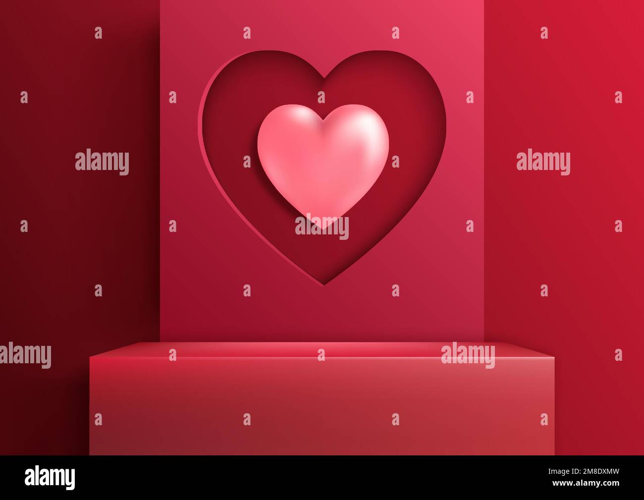 Happy valentine day 3D realistic red podium platform with pink heart on ...