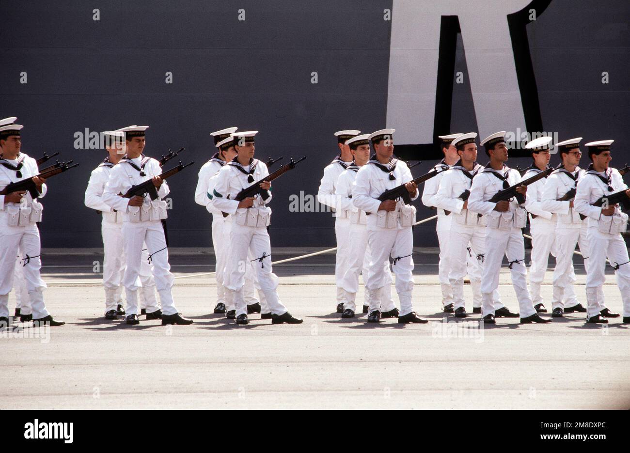 Spanish sailors equipped with Model C CETME assault rifles stand in ...