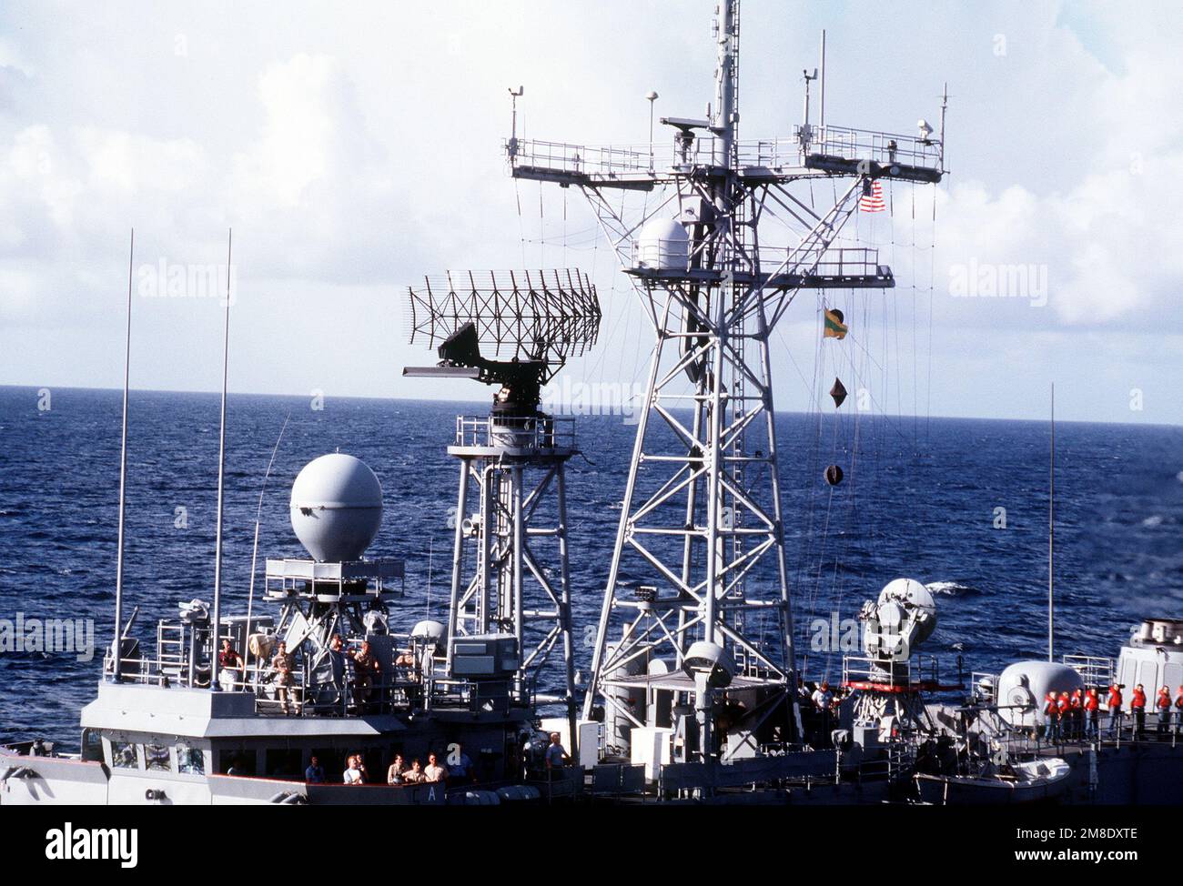 A view of the antenna rig aboard the guided missile frigate USS DOYLE ...