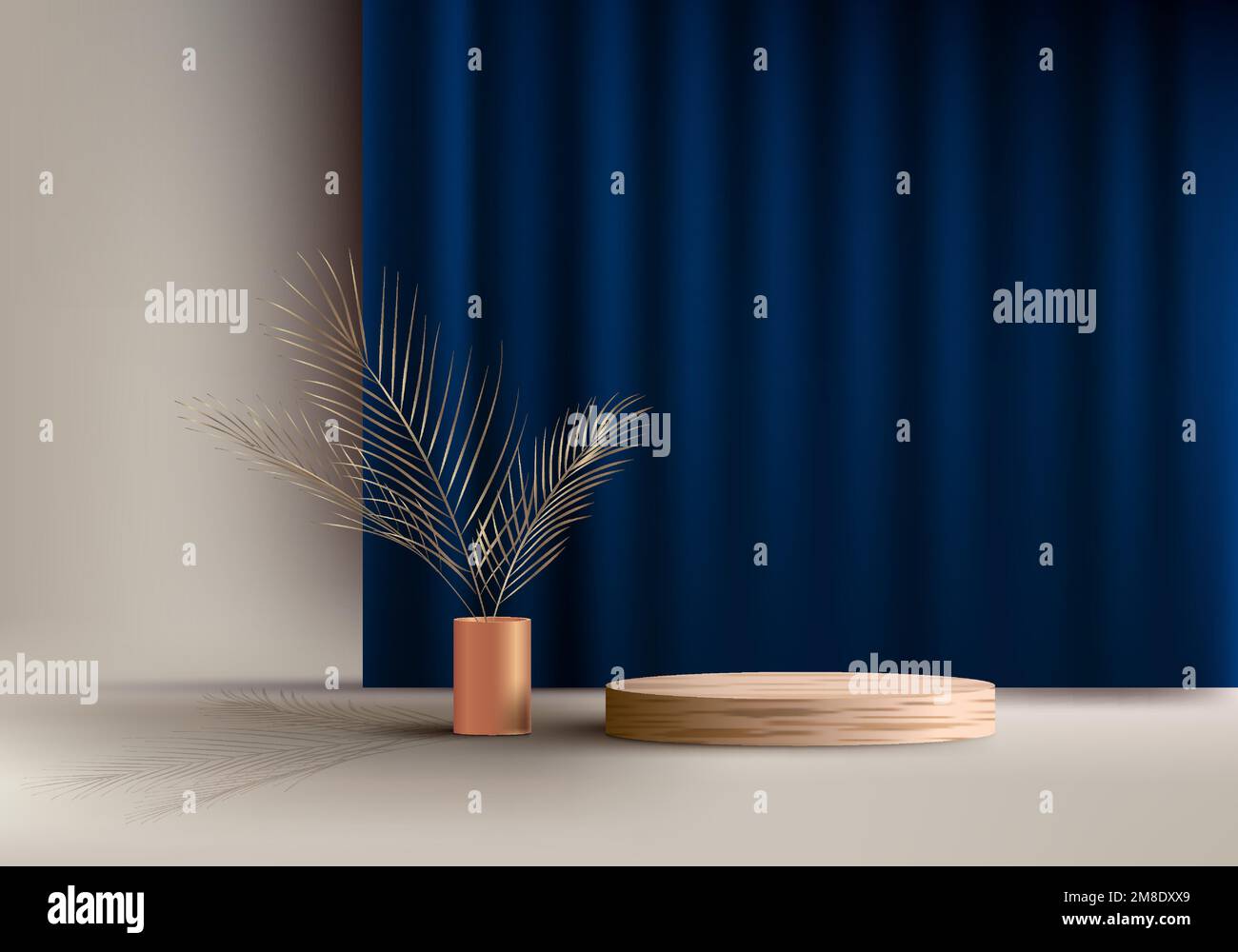 3D realistic elegant wooden podium pedestal with blue curtain backdrop ...