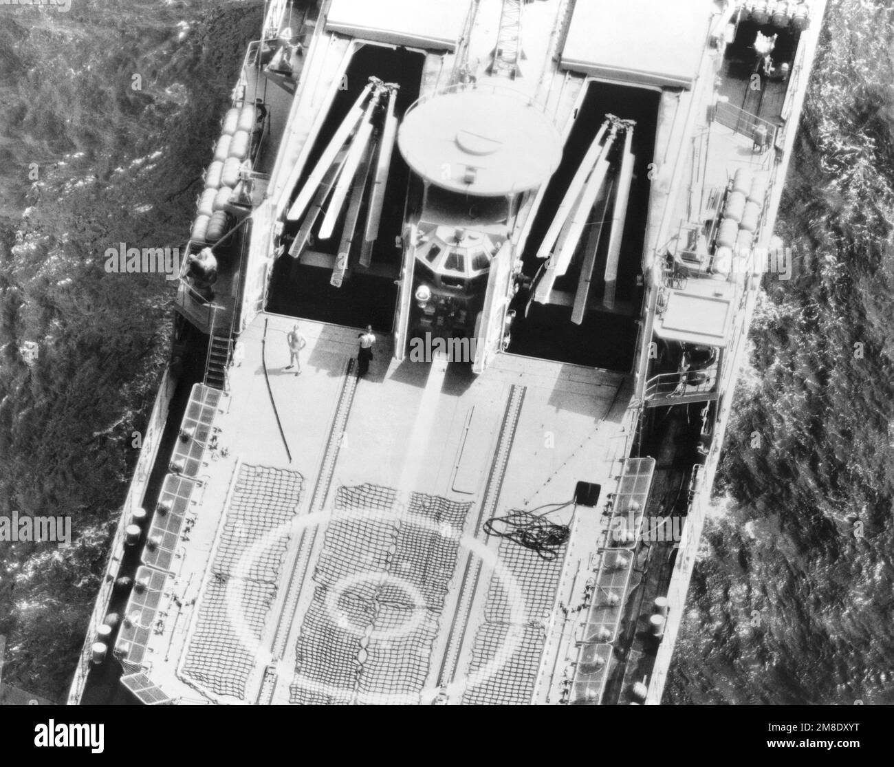 An aerial view of the stern of a Soviet Udaloy class guided missile ...