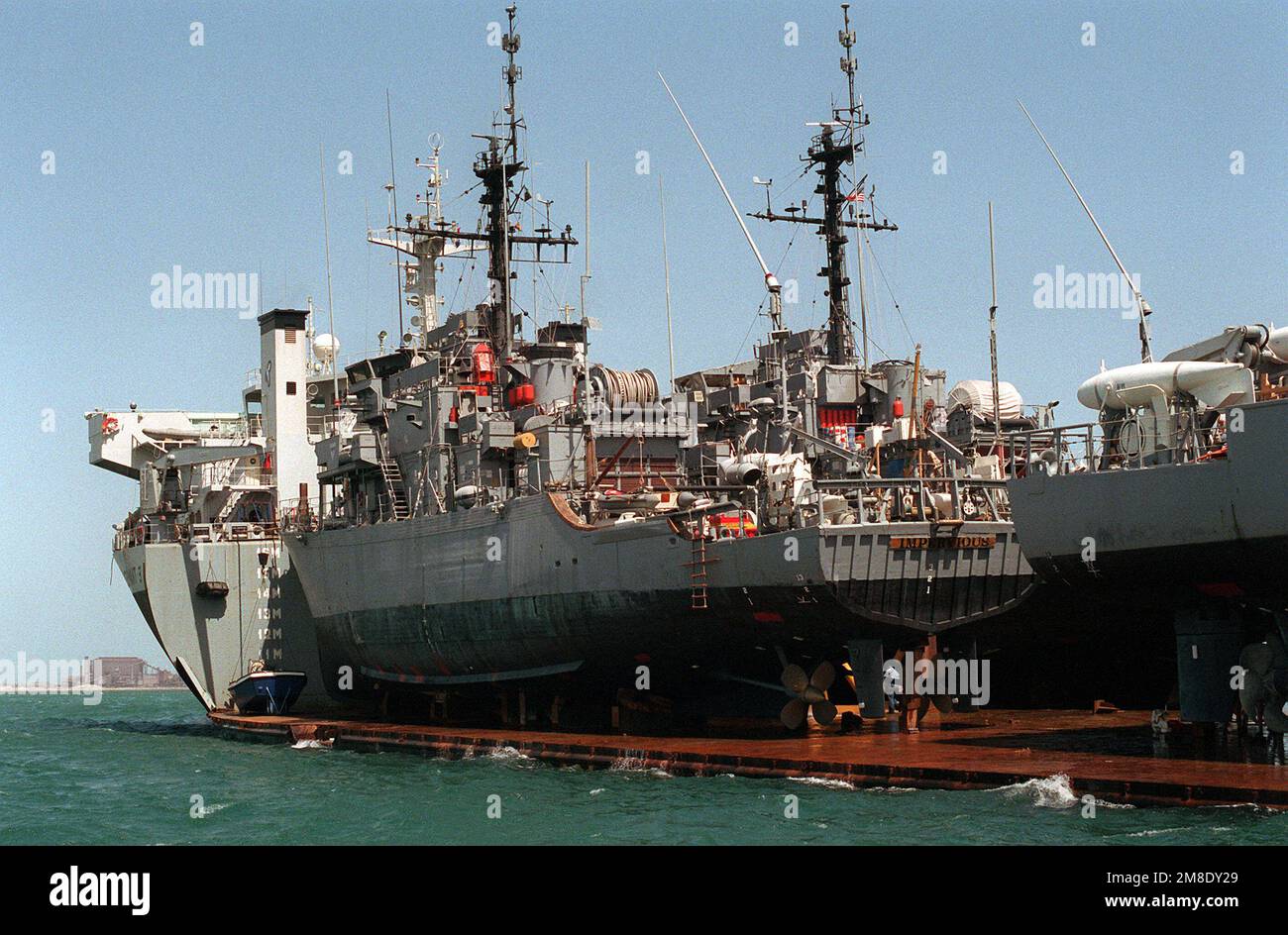The ocean minesweeper USS IMPERVIOUS (MSO-449) and other vessels are ...