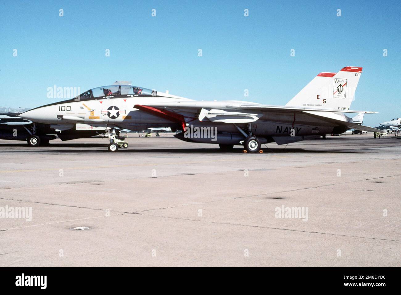 A left side view of a Fighter Squadron 41 (VF-41) F-14A Tomcat aircraft parked on the flight ...