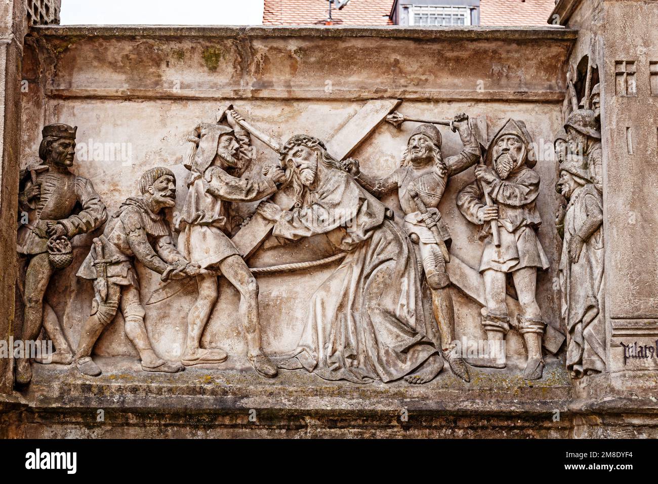 The medieval bas-relief with the biblical story of Carrying the Cross ...