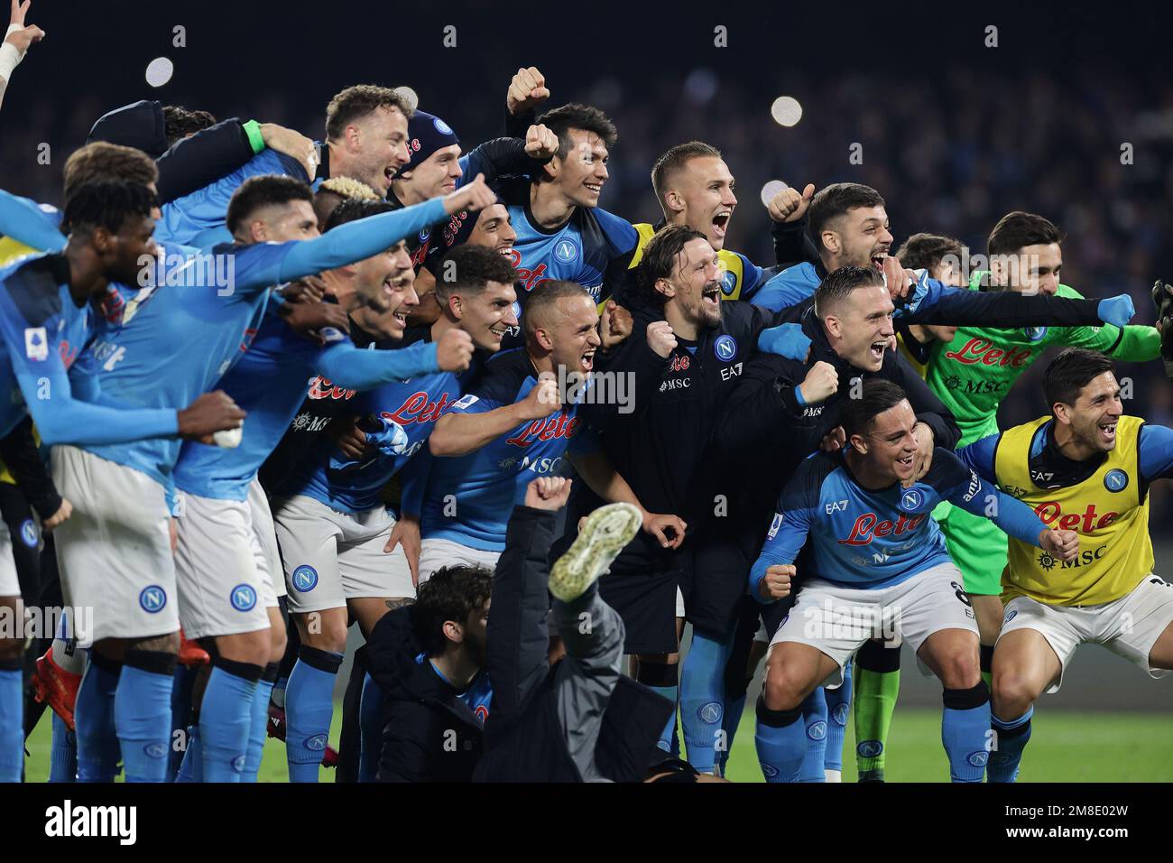 Napoli, Italy. 13th Jan, 2023. Napoli players celebrate at the end of ...