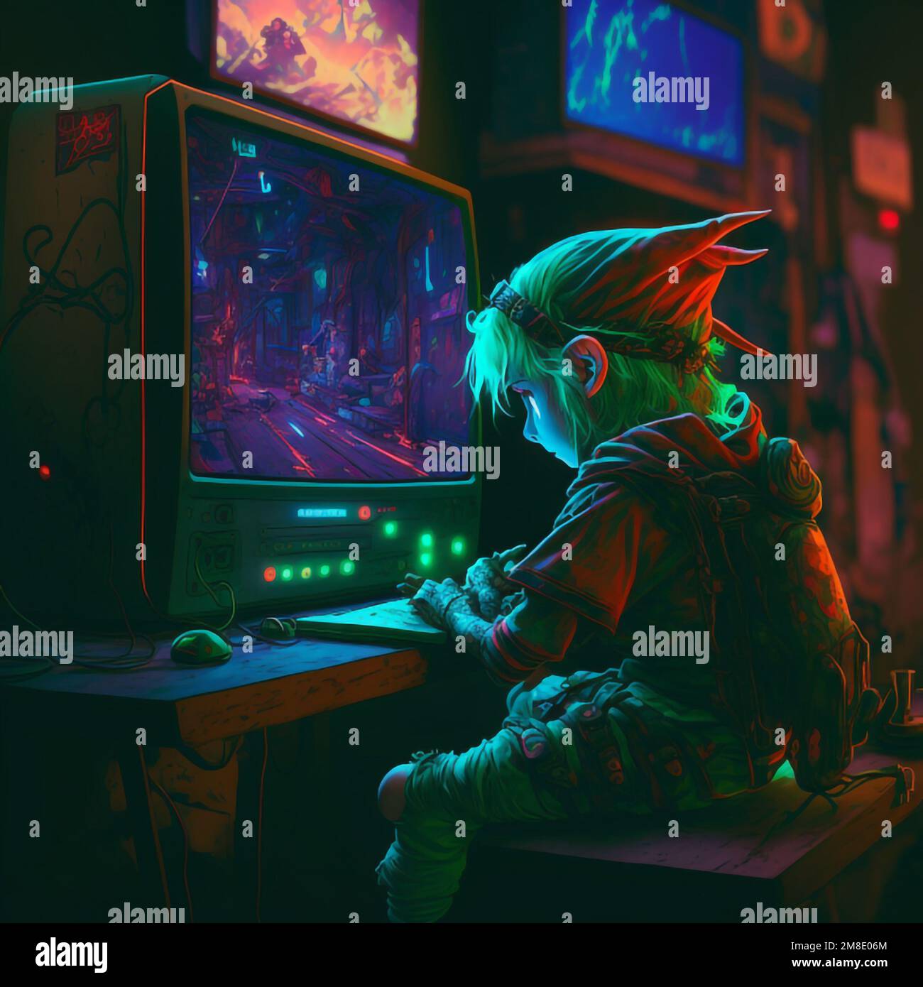 ELF PLAYING VIDEO GAMES IN THE GLOW OF A VIDEO SCREEN Stock Photo - Alamy