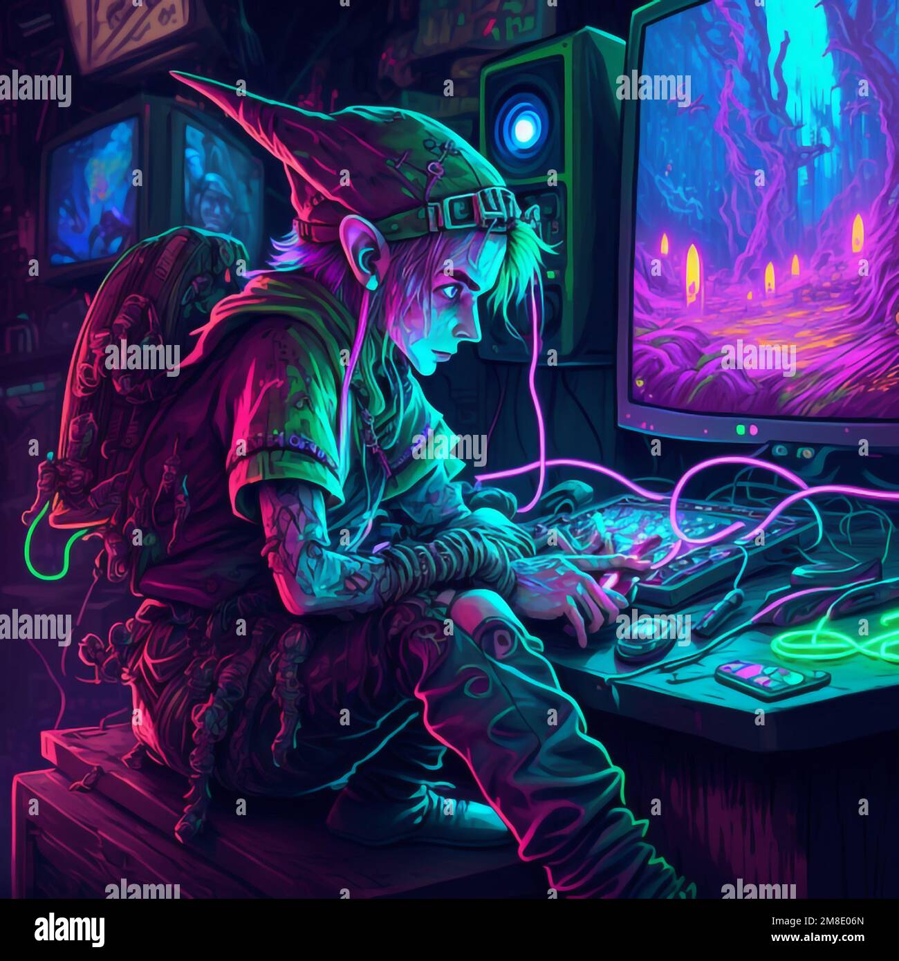 ELF PLAYING VIDEO GAMES IN THE GLOW OF A VIDEO SCREEN Stock Photo - Alamy