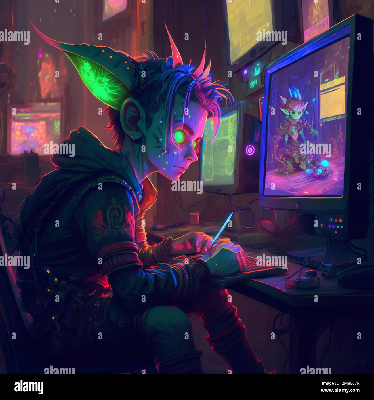 GAMING ELF USING COMPUTER Stock Photo - Alamy