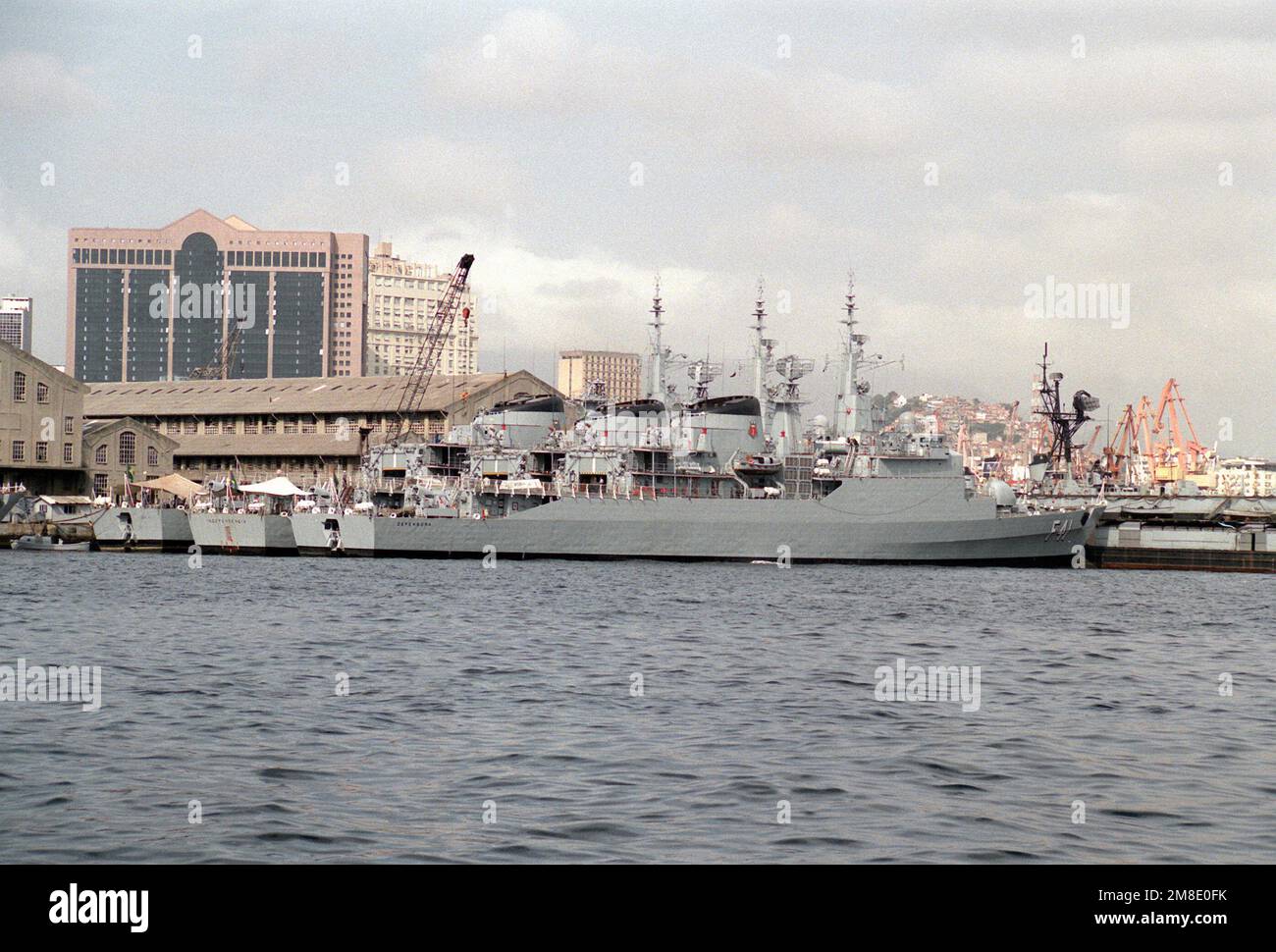 A starboard quarter view of three Niteroi class frigates of the ...