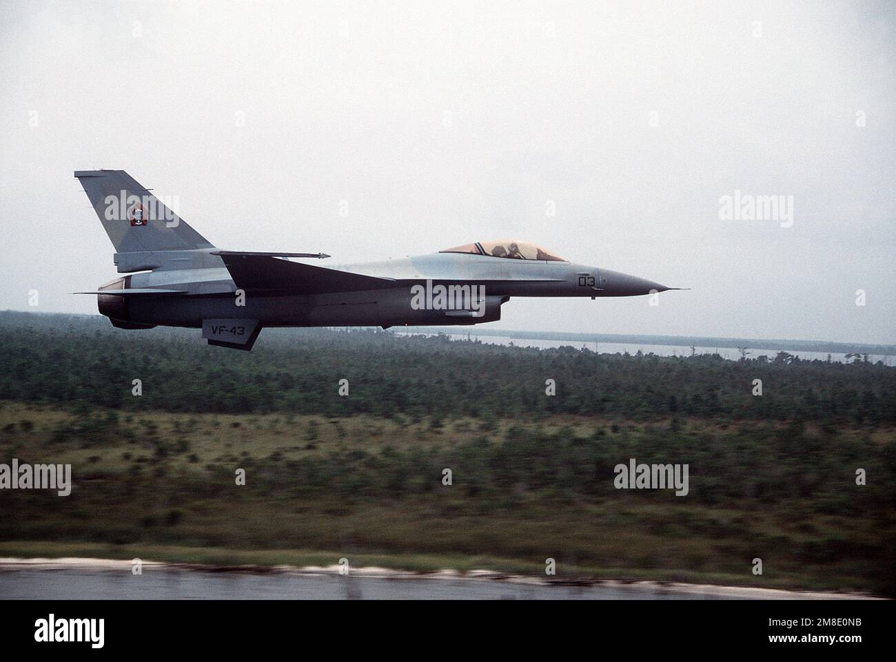 An air-to-air right side view of a Fighter Squadron 43 (VF-43) F-16N ...
