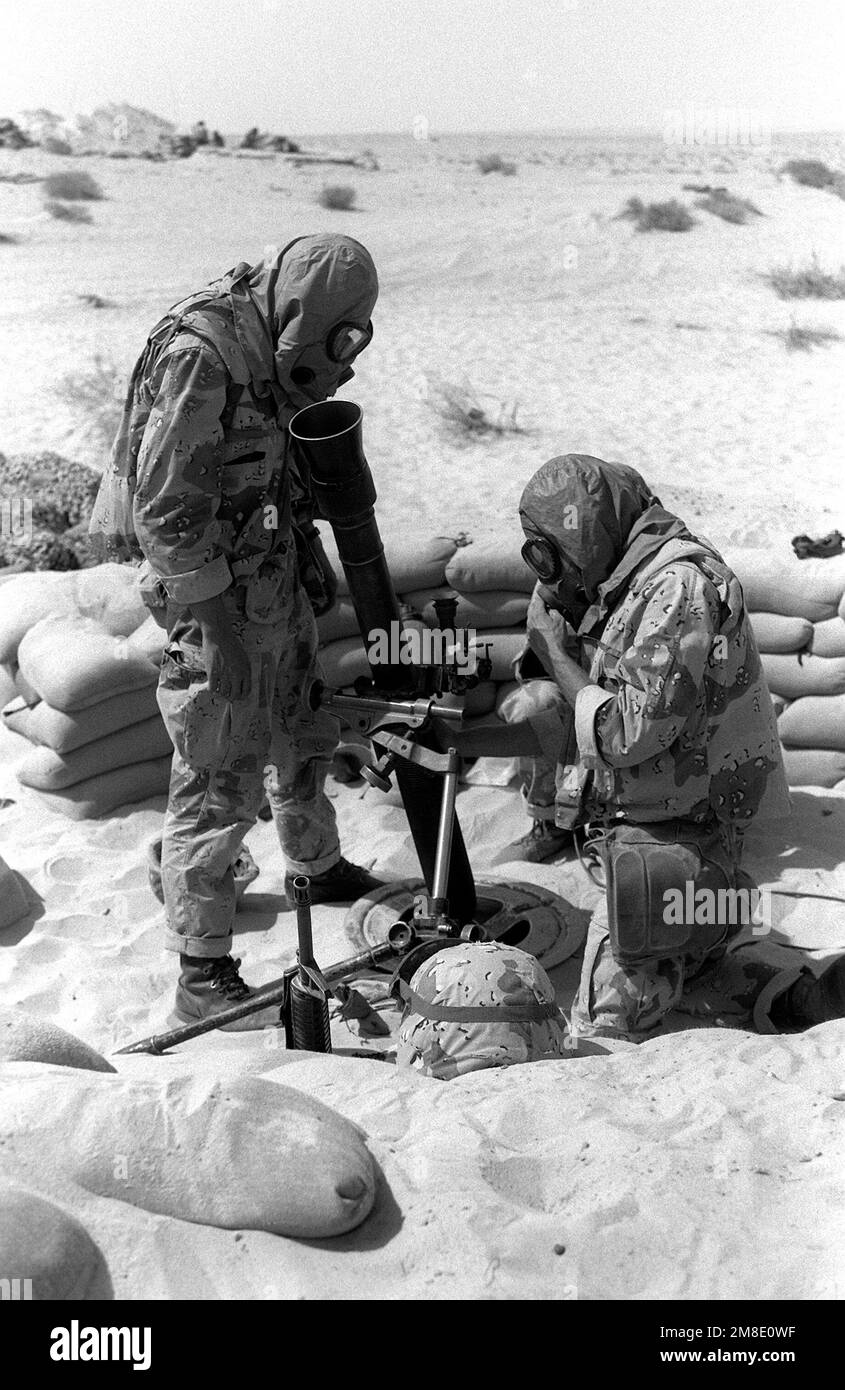Wearing their M-17A1 field protective masks, two Marines from Weapons ...