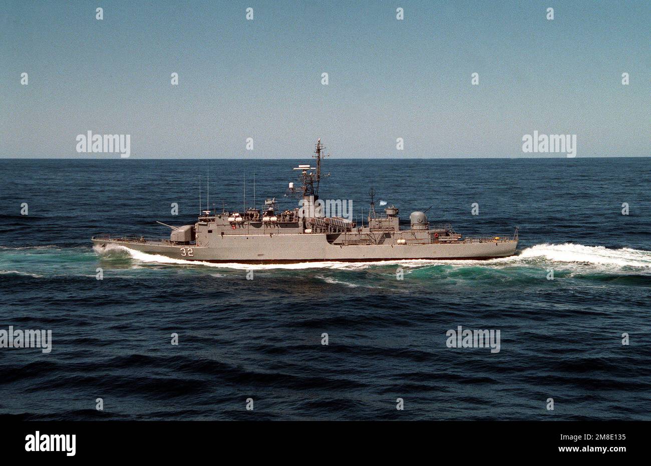 A port view of the Argentine frigate ARA GUERRICO (F-32) underway ...