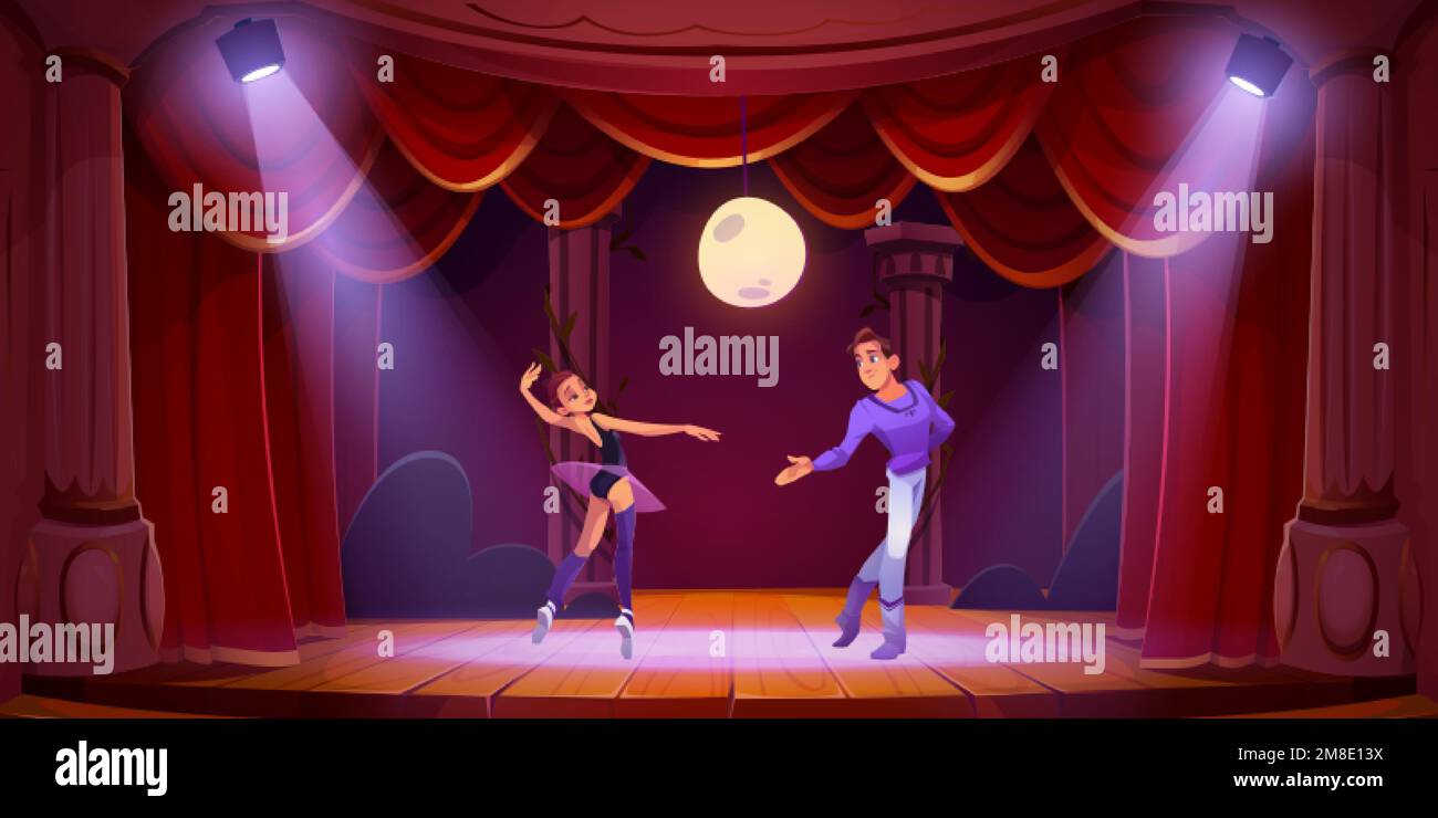 Theater stage with ballet dancers couple and backdrop of night ...